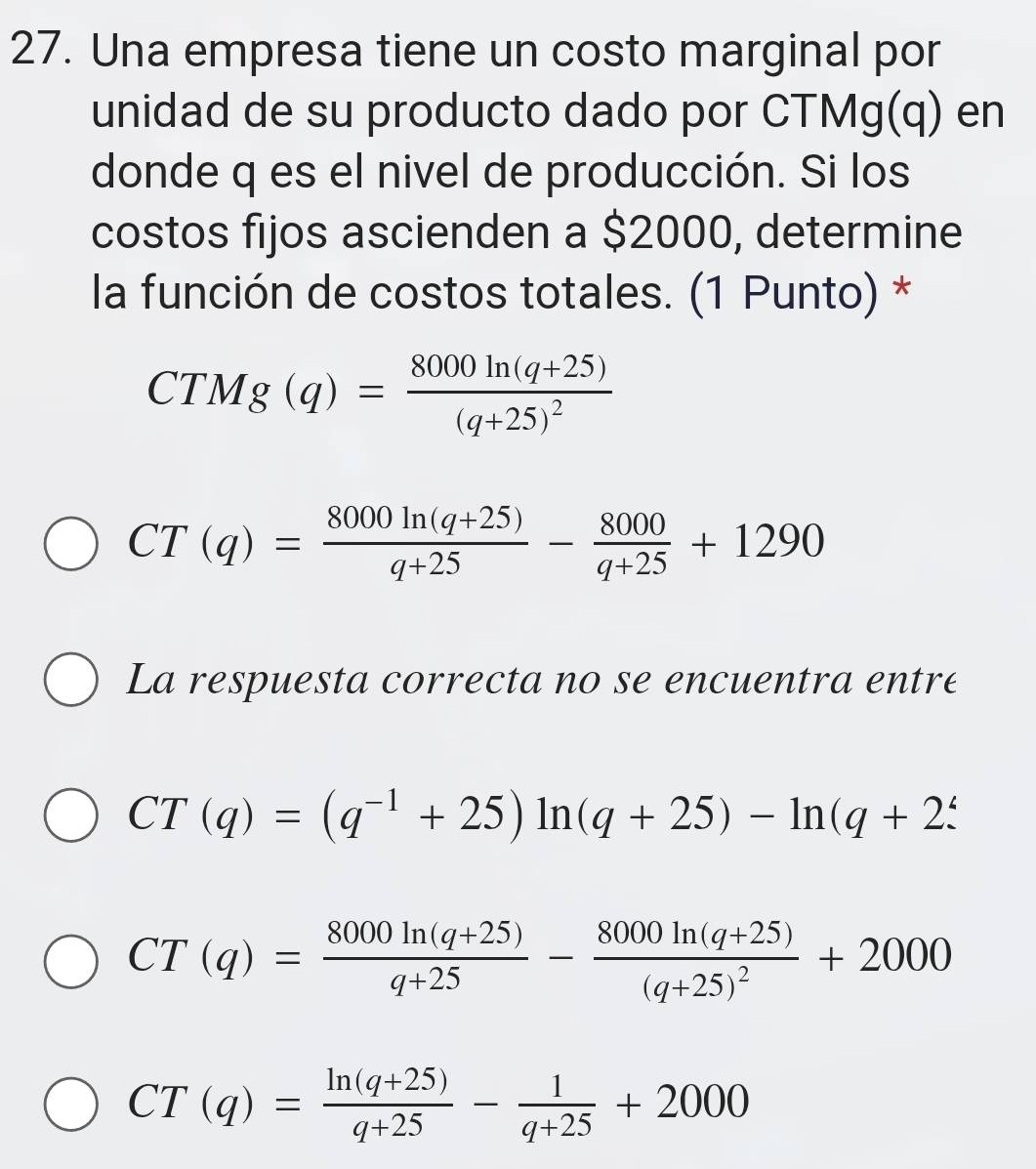 Resuelto:Una empresa tiene un costo marginal por unidad de su producto ...