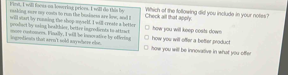 Solved: First, I will focus on lowering prices. I will do this by Which ...