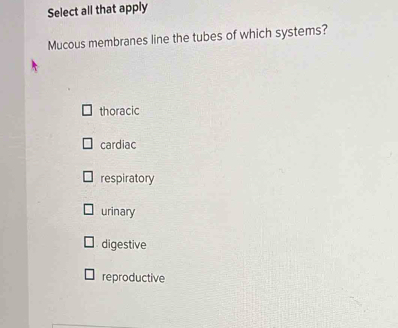 Solved: Select all that apply Mucous membranes line the tubes of which ...