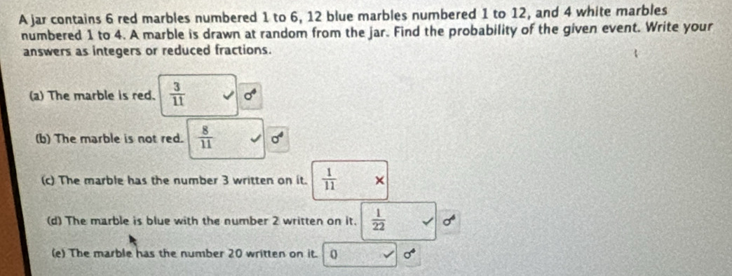 Solved: A jar contains 6 red marbles numbered 1 to 6, 12 blue marbles ...
