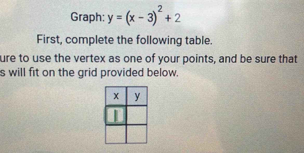 Solved: Graph: y=(x-3)^2+2 First, complete the following table. ure to ...