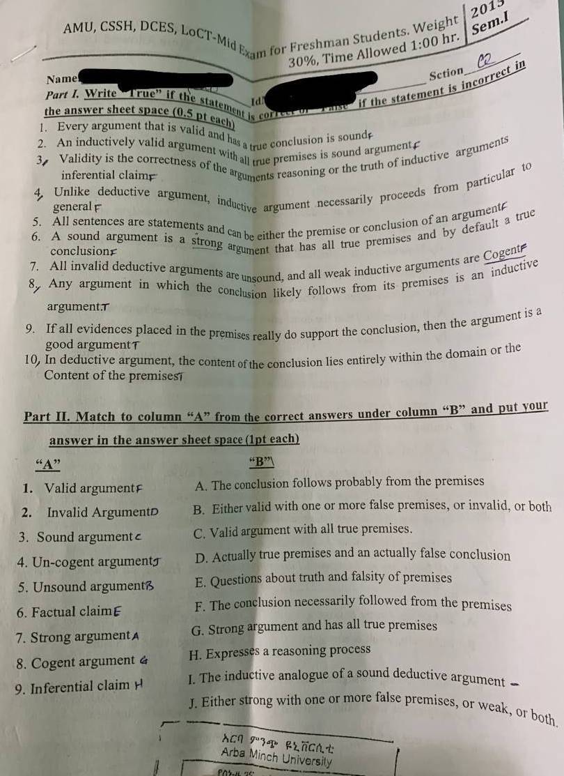 Gelöst:2013 AMU, CSSH, DCES, LoCT-Mid Exam for Freshman Students ...