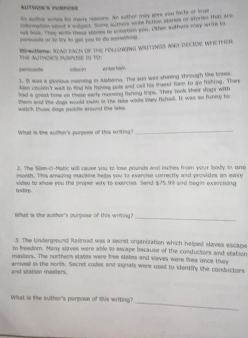 Solved: AuTHOR'S PURPOSe An auther writes for many reasons. An auther ...