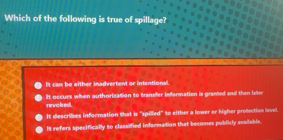 Solved: Which of the following is true of spillage? It can be either ...