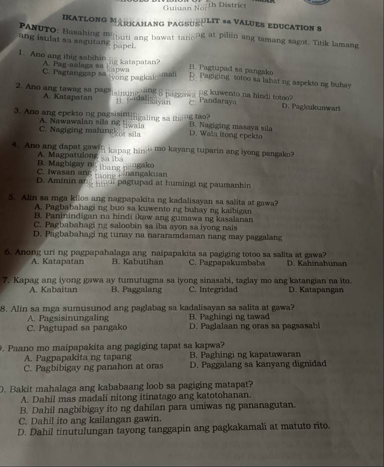 Solved: Guiuan Nor th District Ikatlong Märkahang pagsus ULIT sa VALUES ...
