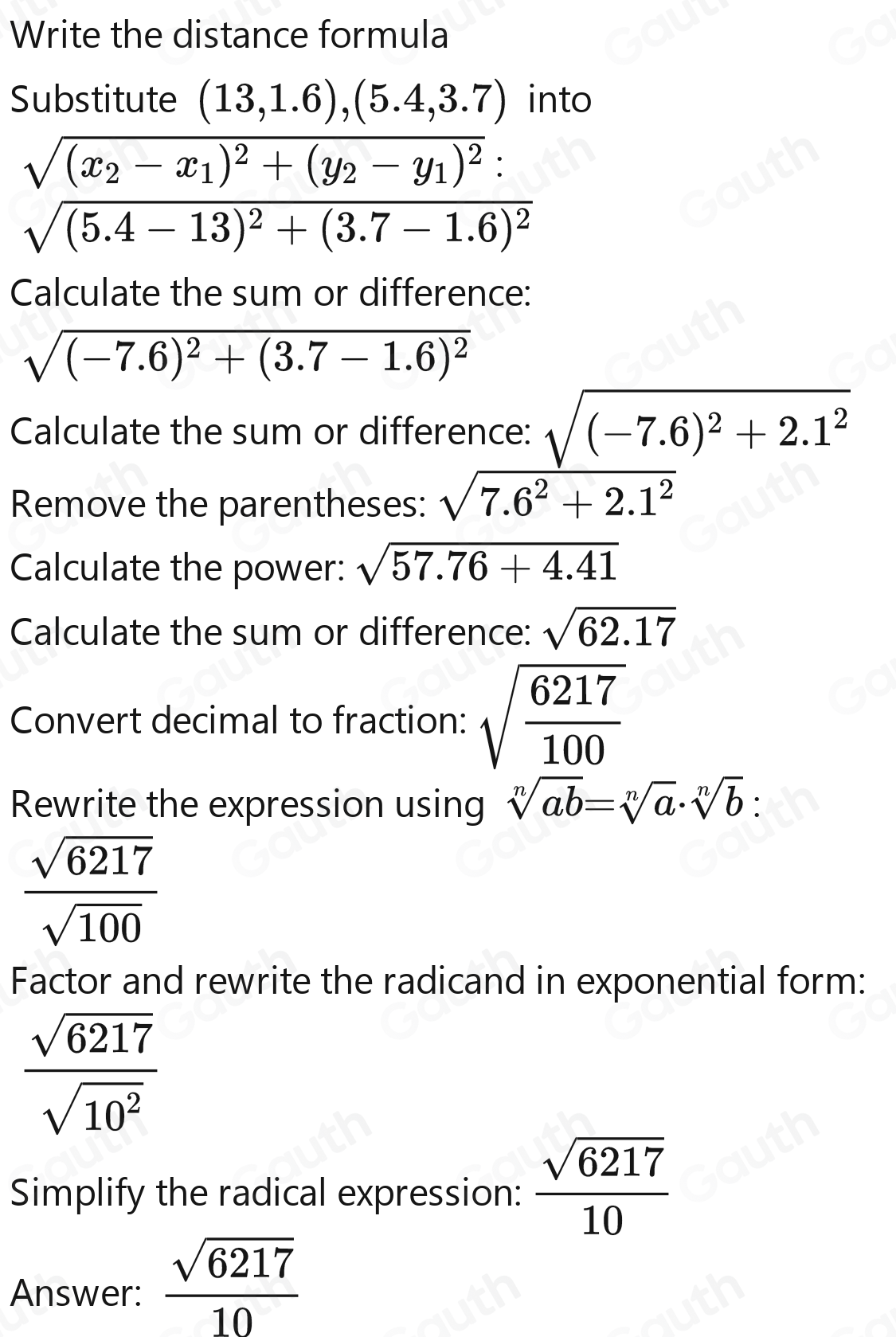 Solved: Find the distance between the points T(13,1.6) and V(5.4,3.7) × ...
