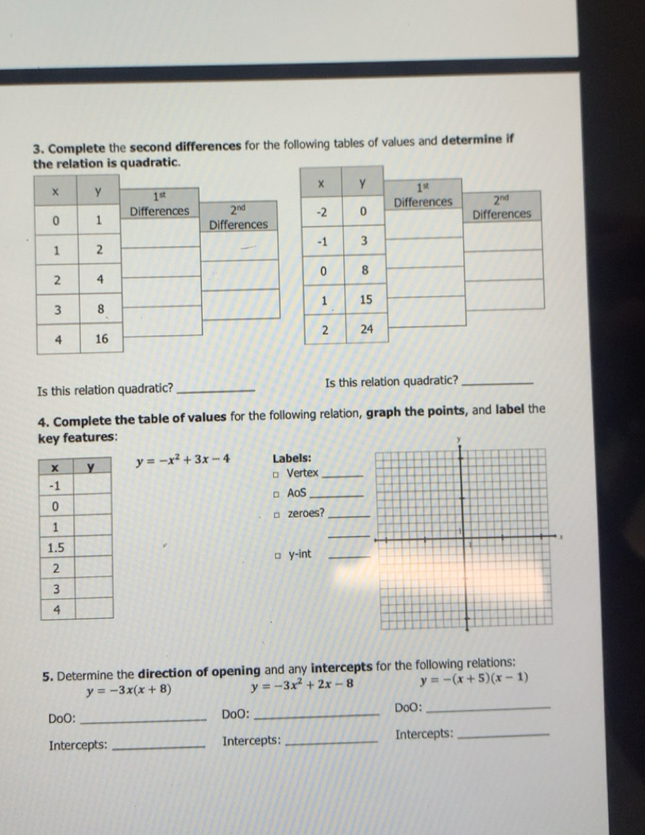 Solved: Complete the second differences for the following tables of ...
