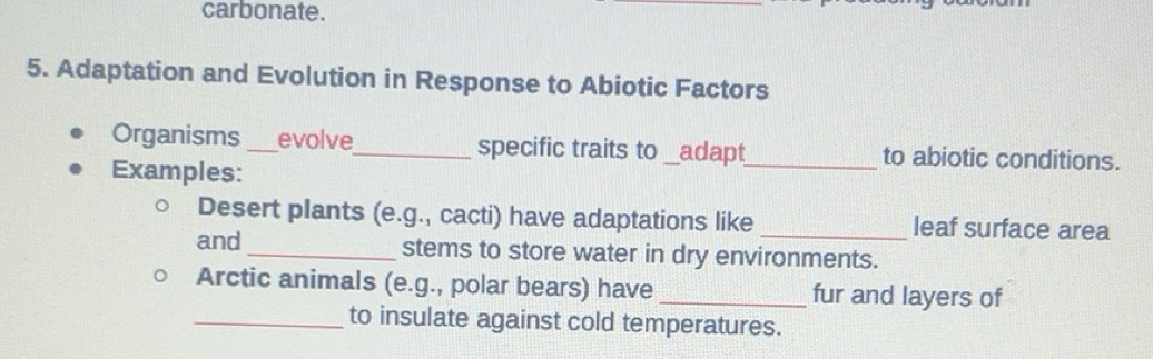Solved: carbonate. 5. Adaptation and Evolution in Response to Abiotic ...