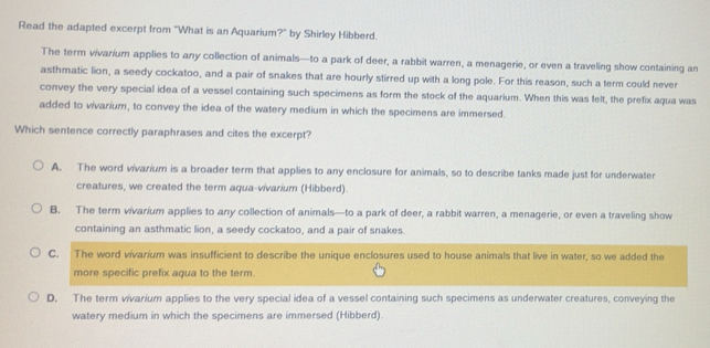 Solved: Read the adapted excerpt from "What is an Aquarium?" by Shirley ...