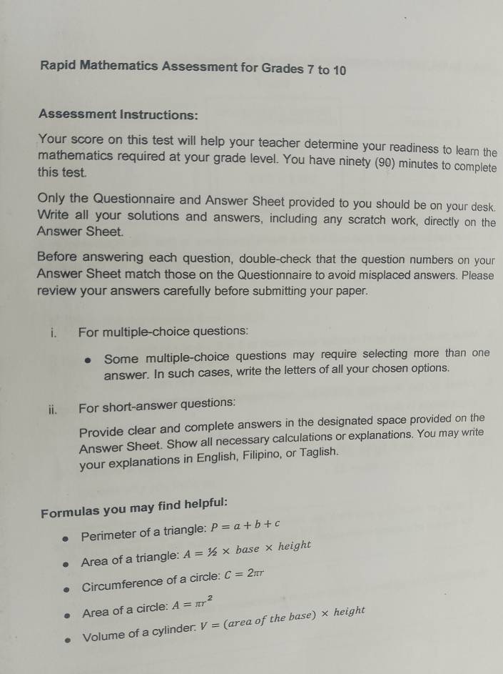 Solved: Rapid Mathematics Assessment for Grades 7 to 10 Assessment ...
