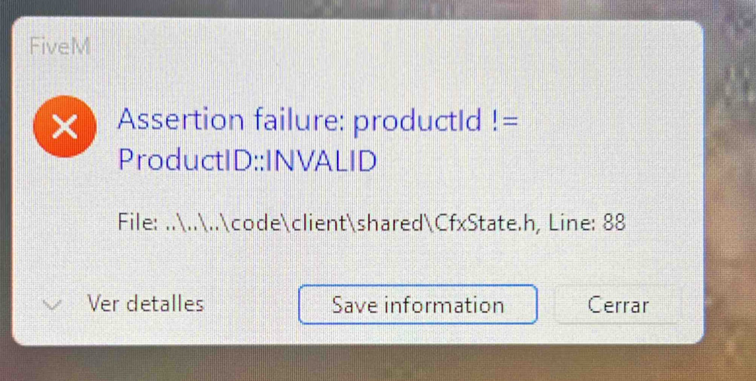 Solved: FiveM X Assertion failure: productId != ProductID::INVALID File: ......codeclientshared ...