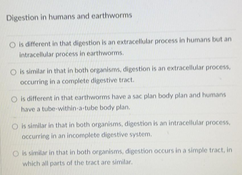 Solved: Digestion in humans and earthworms is different in that ...