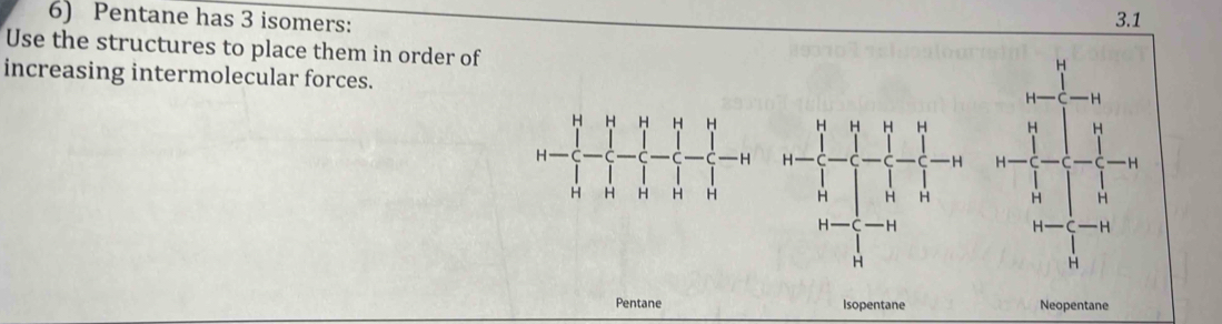 Résolu :Pentane has 3 isomers: 3.1 Use the structures to place them in ...