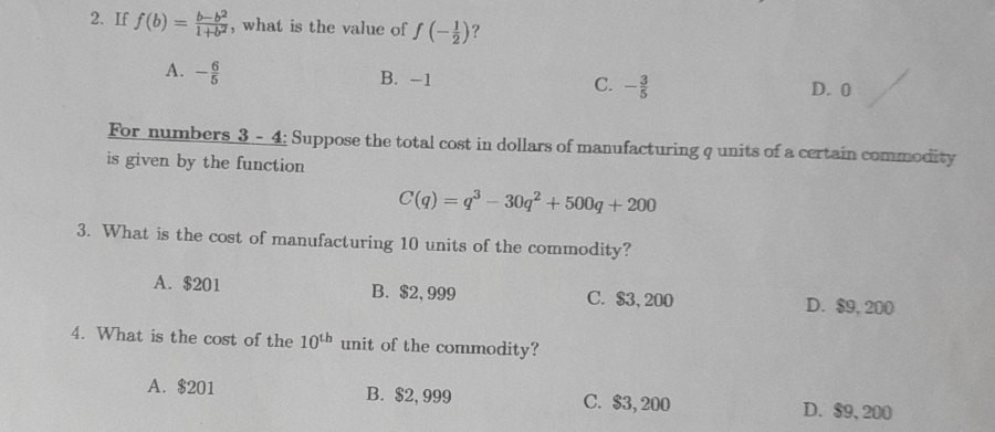 Solved: If f(b)= (b-b^2)/1+b^2 , what is the value of f(- 1/2 ) ? A ...