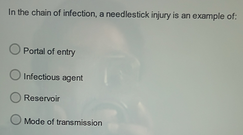 Solved: In the chain of infection, a needlestick injury is an example ...