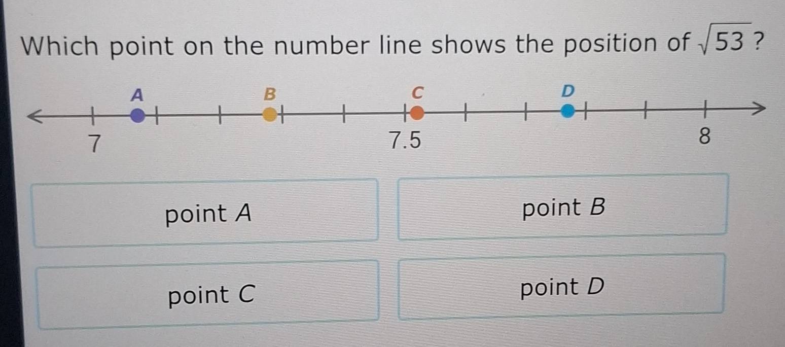 Solved: Which point on the number line shows the position of sqrt(53) 2 point A point B point C ...
