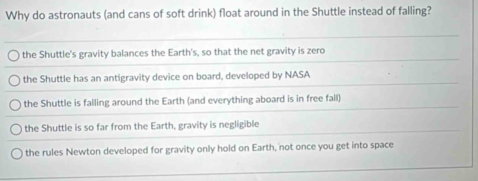 Solved: Why do astronauts (and cans of soft drink) float around in the ...