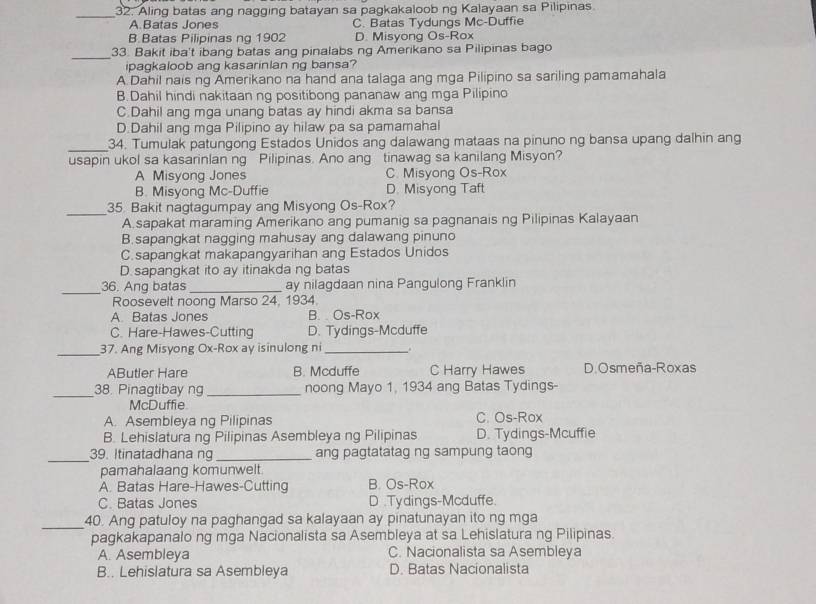 Solved: Aling batas ang nagging batayan sa pagkakaloob ng Kalayaan sa ...