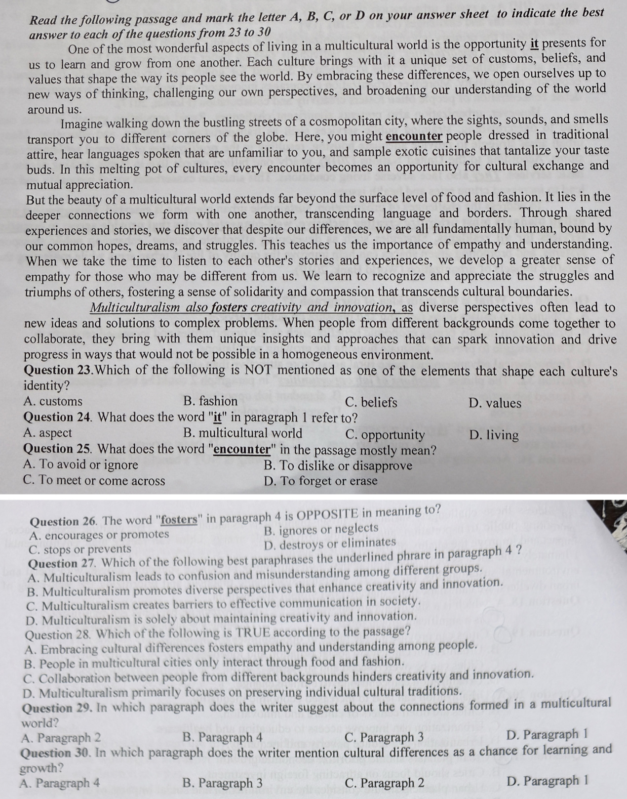 Giải quyết:Read the following passage and mark the letter A, B, C, or D ...