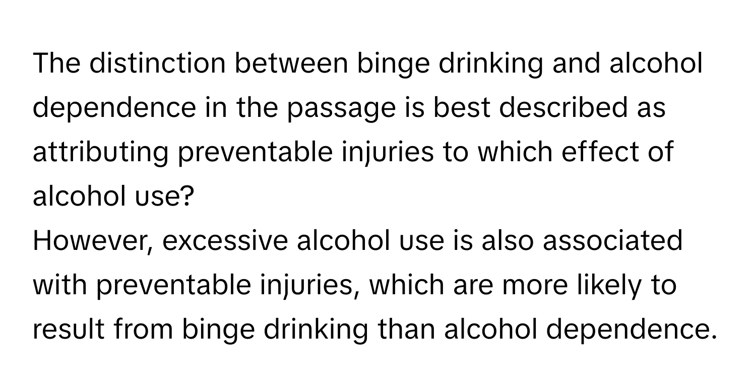 Solved: The distinction between binge drinking and alcohol dependence ...