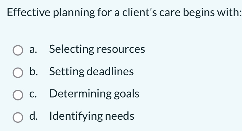 Solved: Effective planning for a client’s care begins with: a ...