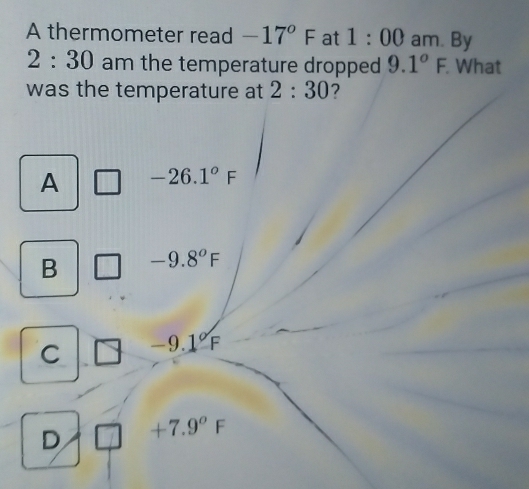 Solved: A thermometer read -17°F at 1:00 am. By 2:30 am the temperature ...