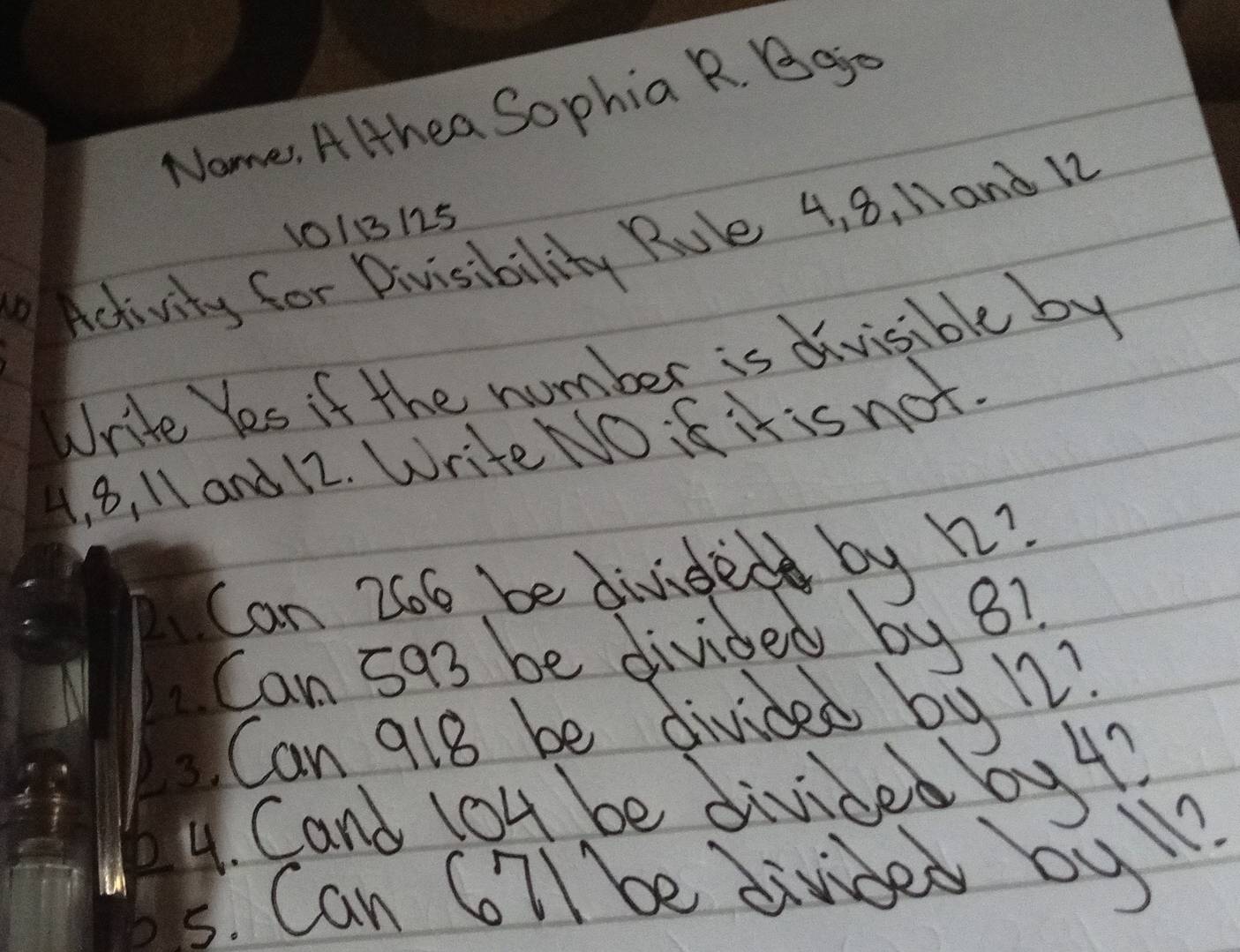 Solved: Nome, Althea Sophia R. Baro 1013125 Activity for Divisibility ...