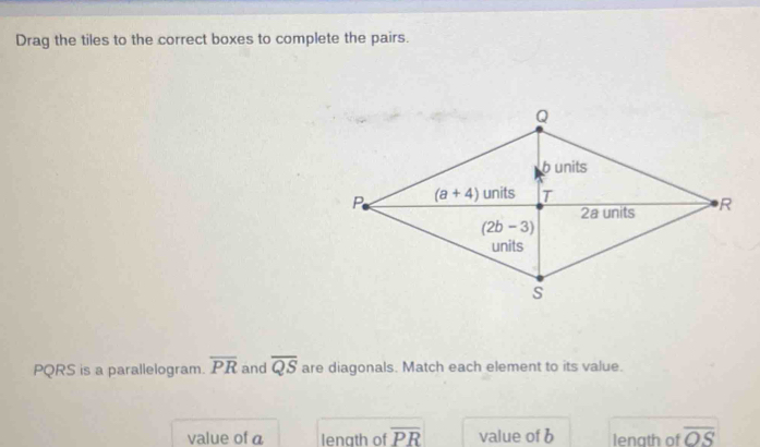 Solved: Drag the tiles to the correct boxes to complete the pairs. PQRS is a parallelogram ...