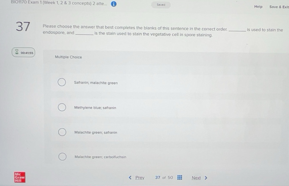 Solved: BIO1170 Exam 1 (Week 1, 2 & 3 concepts) 2 atte... Saved Help Save & Exit 37 Please ...