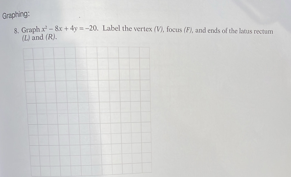 Solved: Graphing: 8. Graph x^2-8x+4y=-20. Label the vertex (V), focus ...