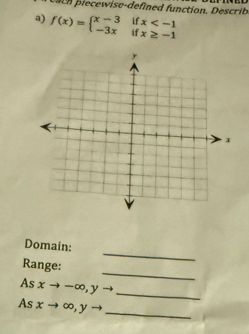 Solved: ach piecewise-defined function. Describ. a) f(x)=beginarrayl x-3ifx _ Domain: _ Range ...