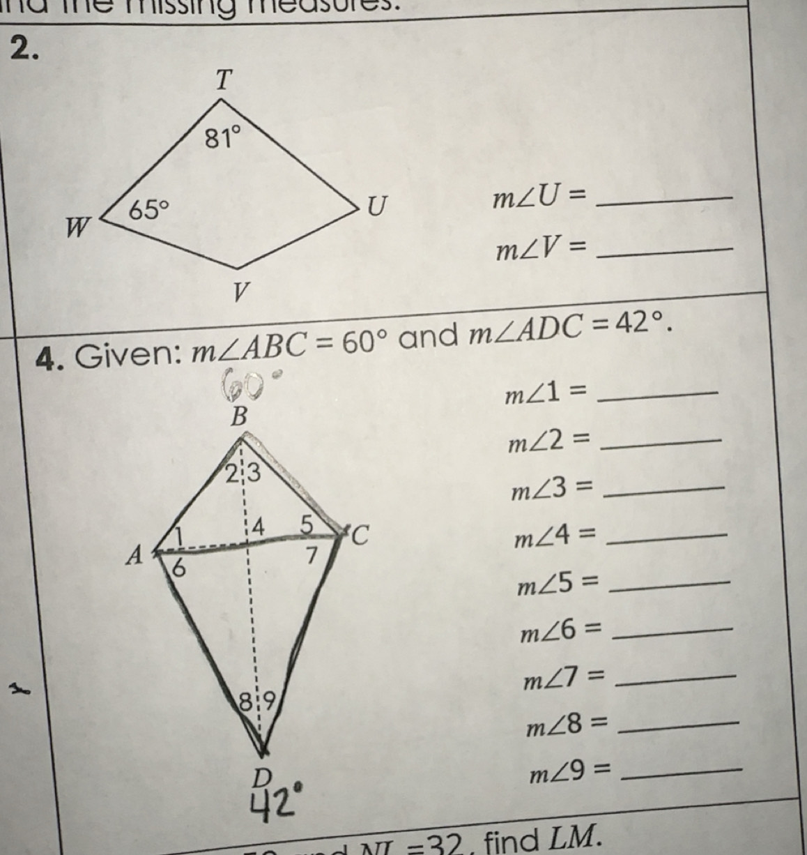 Solved: hd the missing measures. 2. _ m∠ U= m∠ V= _ 4. Given: m∠ ABC=60 ...