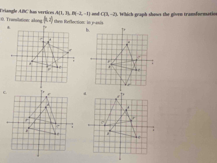 Solved Triangle Abc Has Vertices A 1 3 B 2 1 And C 3 2 Which Graph Shows The Given