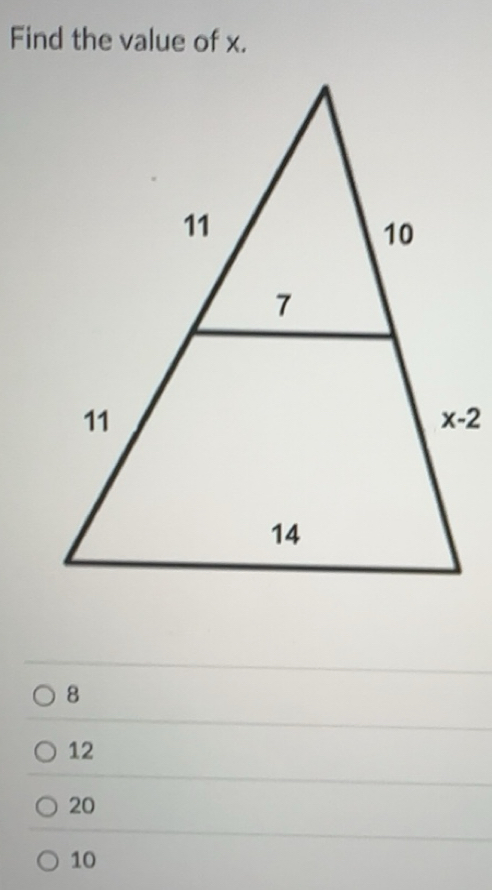 Solved: Find the value of x. 8 12 20 10 [Math]