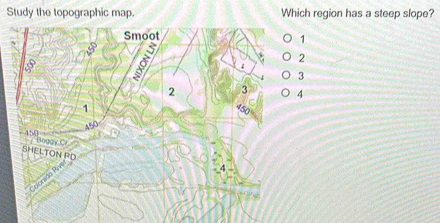 Solved: Study the topographic map. Which region has a steep slope? 1 2 ...
