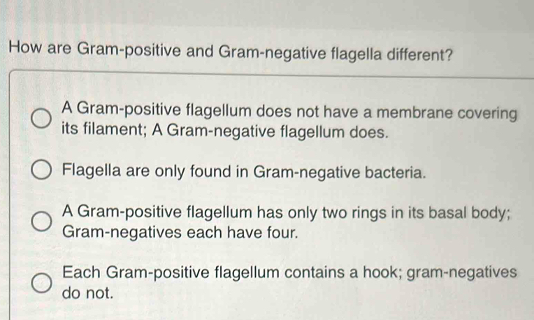 Solved: How are Gram-positive and Gram-negative flagella different? A ...