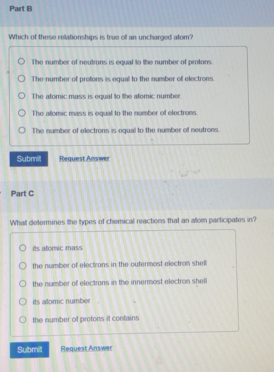Solved: Which of these relationships is true of an uncharged atom? The ...