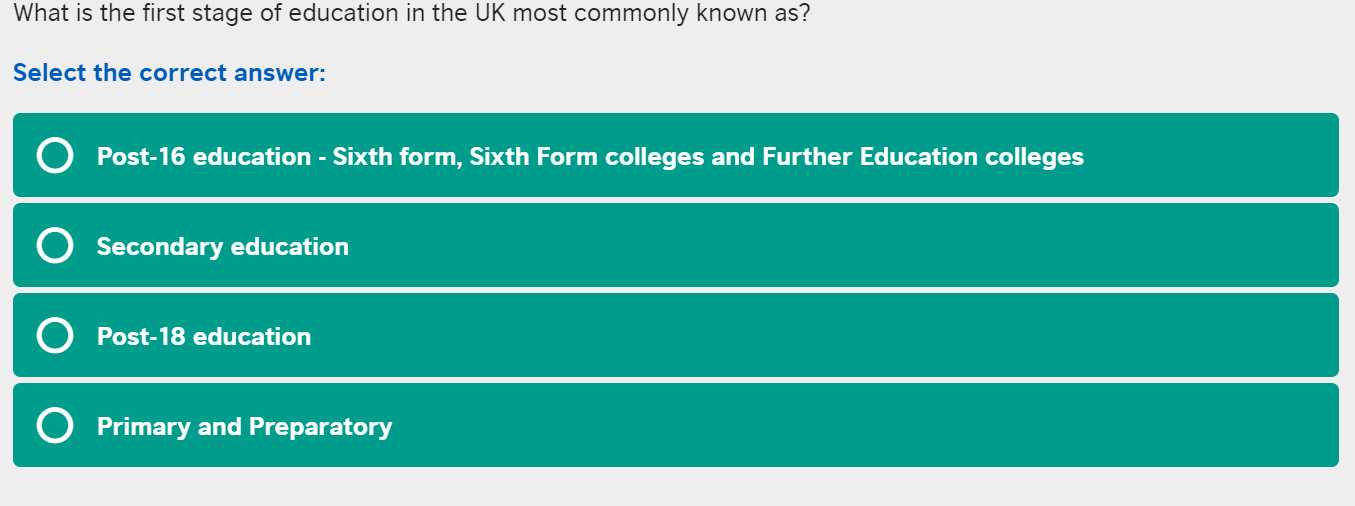 Solved: What is the first stage of education in the UK most commonly ...