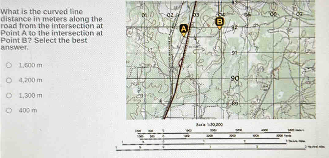 Solved: What is the curved line distance in meters along the road from ...