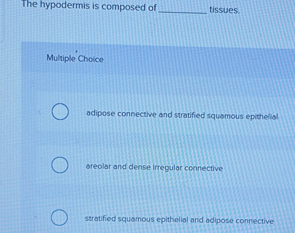 Solved: The hypodermis is composed of _tissues. Multiple Choice adipose connective and ...