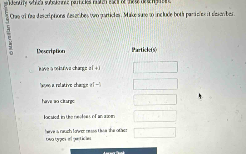 Solved: ldentify which subatomic particles match each of these descriptions. One of the ...