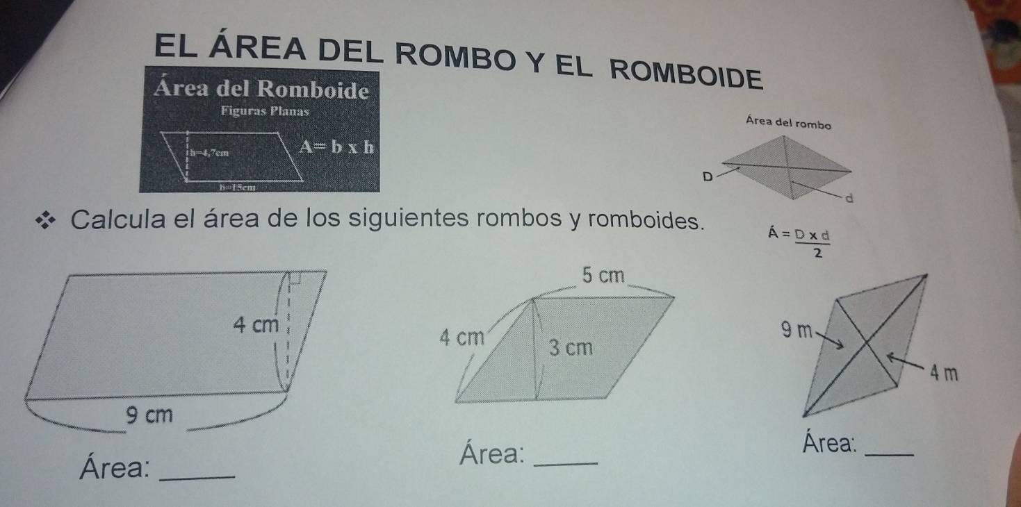Resuelto:EL ÁREA DEL ROMBO Y EL ROMBOIDE Área del Romboide Figuras ...