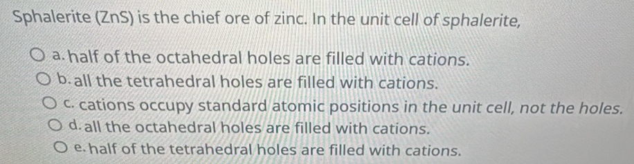 Solved: Sphalerite (ZnS) is the chief ore of zinc. In the unit cell of ...