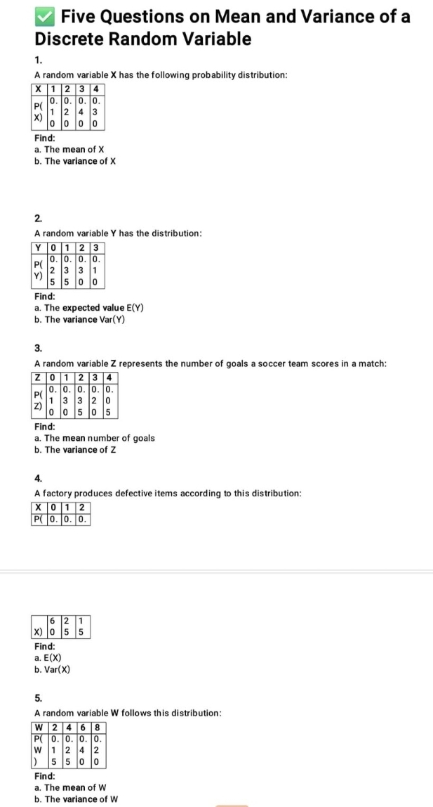 Solved: Five Questions on Mean and Variance of a Discrete Random ...