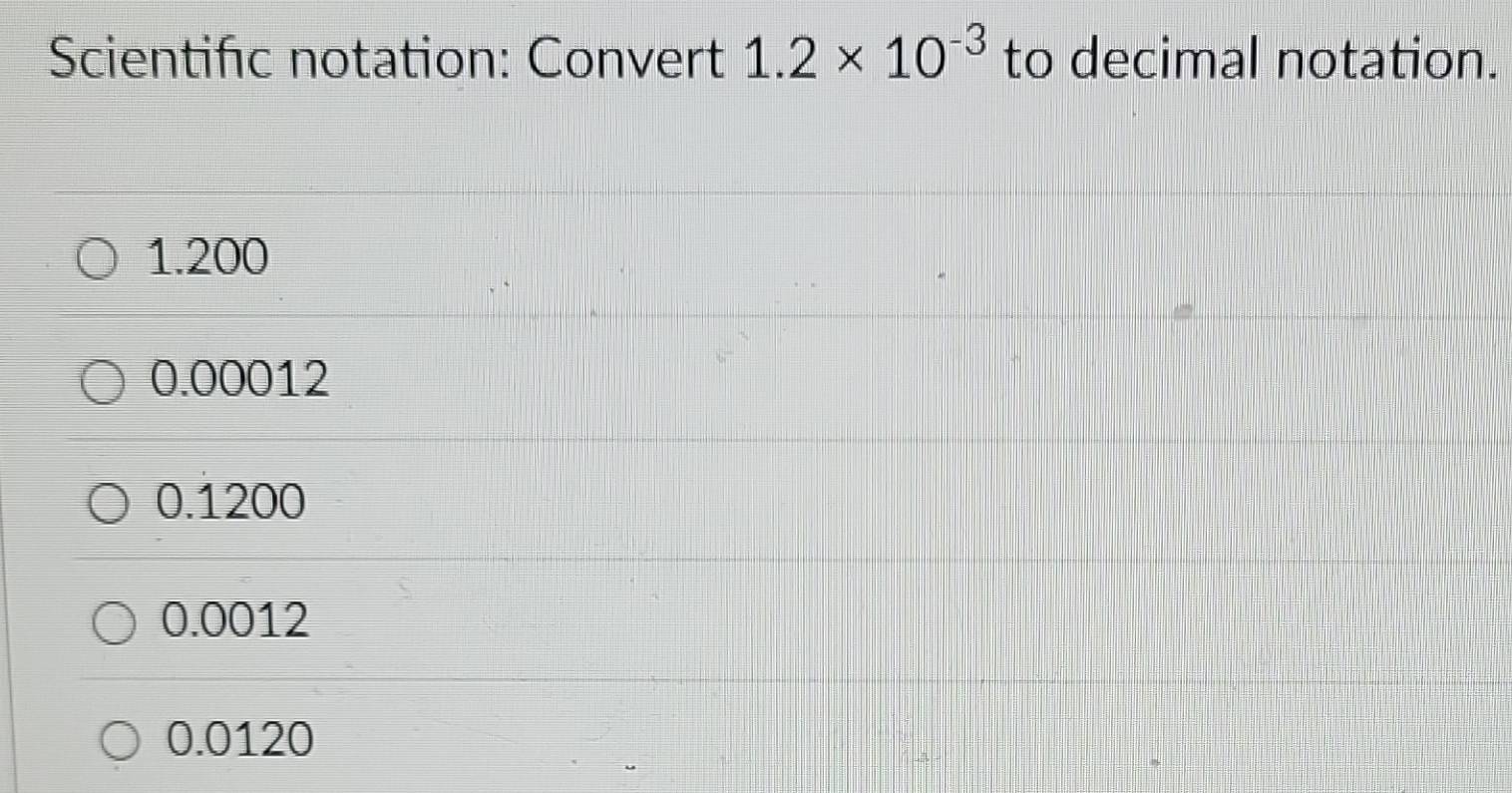 Solved: Scientific notation: Convert 1.2* 10^(-3) to decimal notation ...