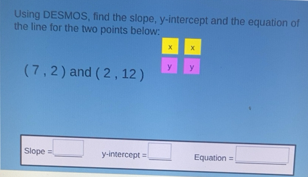 Solved: Using DESMOS, find the slope, y-intercept and the equation of ...