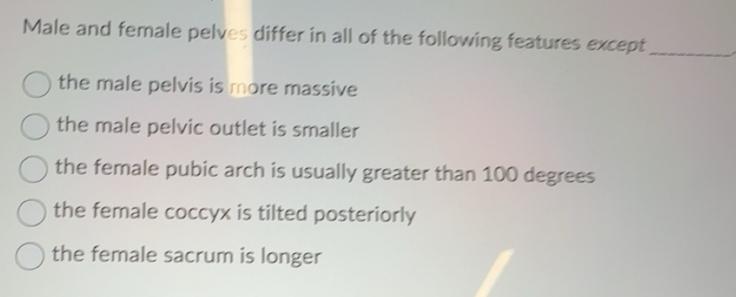 Solved: Male and female pelves differ in all of the following features ...