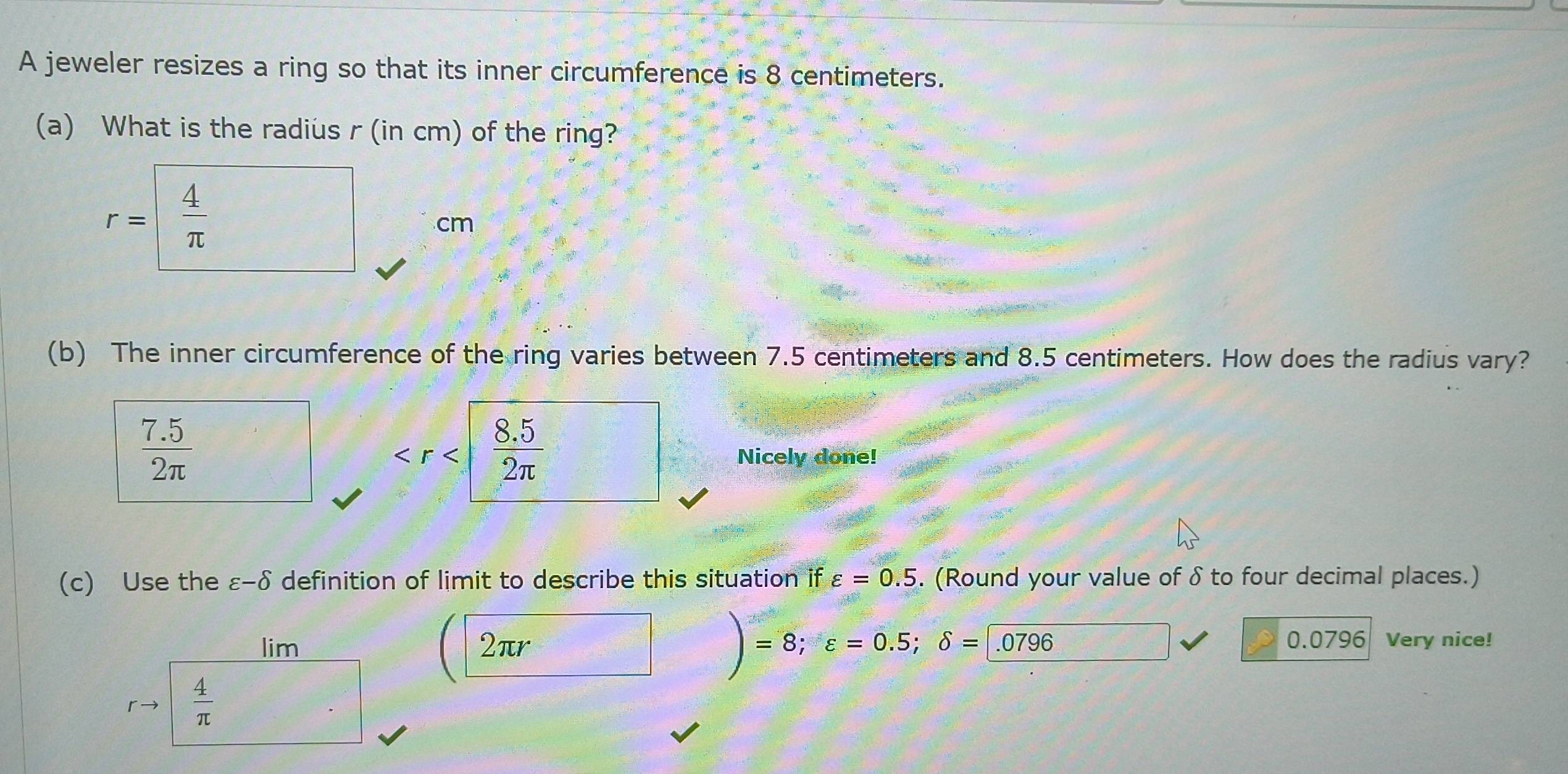 Solved: A jeweler resizes a ring so that its inner circumference is 8 ...