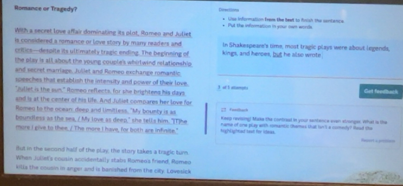 Solved: Romance or Tragedy? Directions Use information from the text to ...