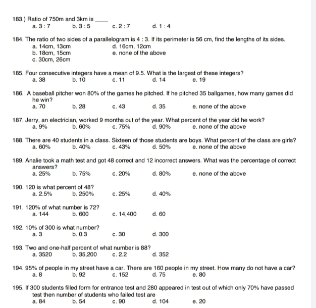Solved: 183.) Ratio of 750m and 3km is_ a. 3:7 b. 3:5 C. 2:7 d. 1:4 184 ...